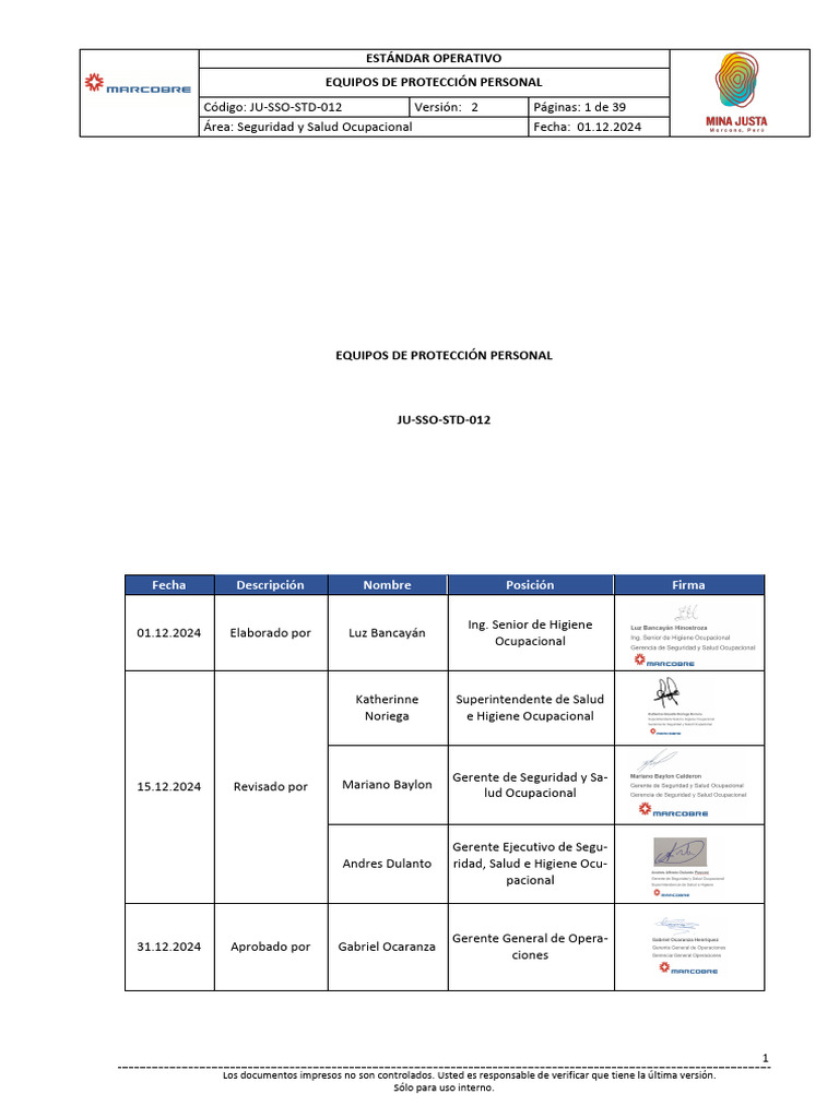 JU-SSO-STD-012 Estandar de EPP 31.12.24 V2 | PDF | Seguridad y salud ocupacional | Casco