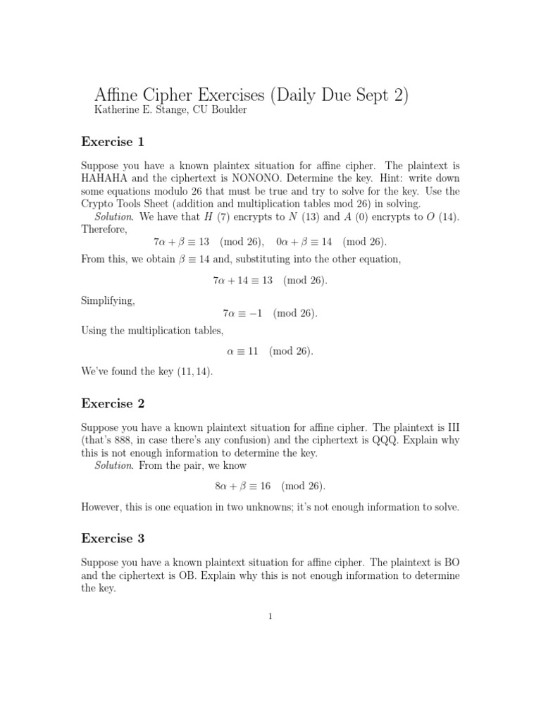Affine Cipher Exercises Due Sept 2 | PDF | Cipher | Espionage Techniques