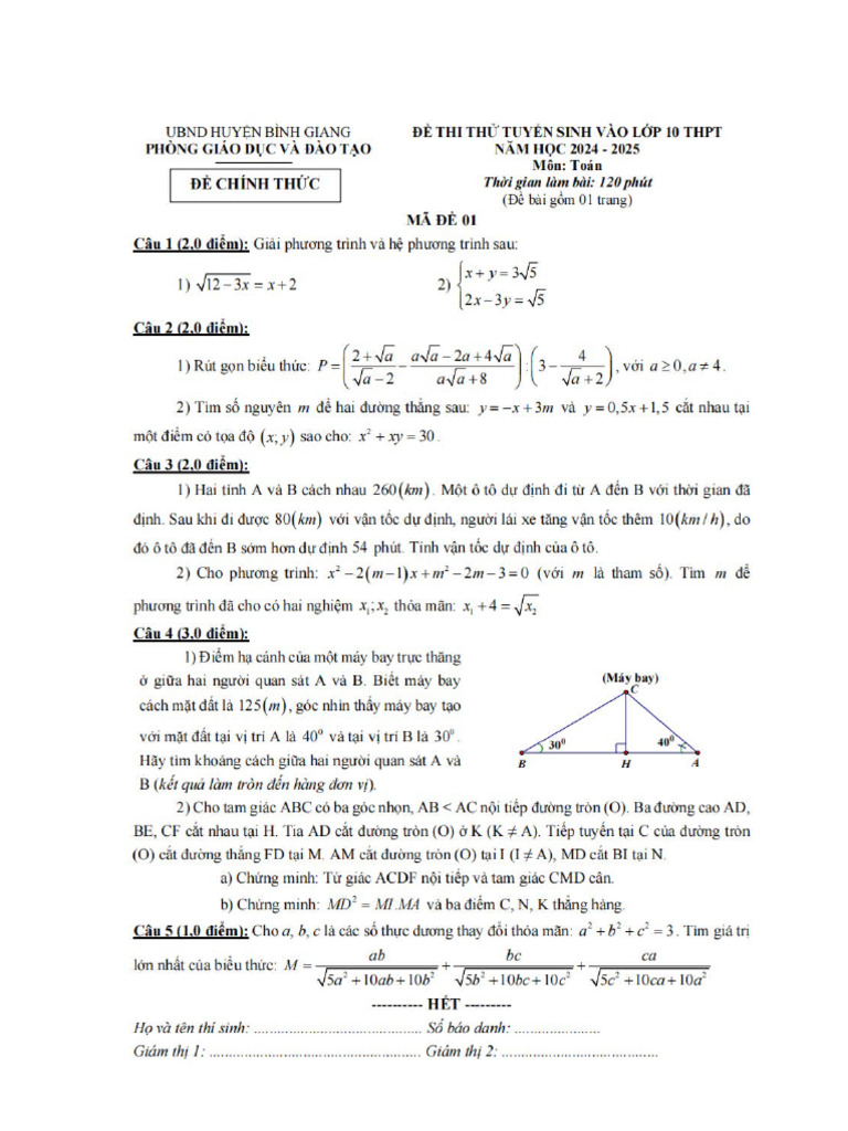 Đề Thi Thử Tuyển Sinh Vào Lớp 10 Thpt | PDF