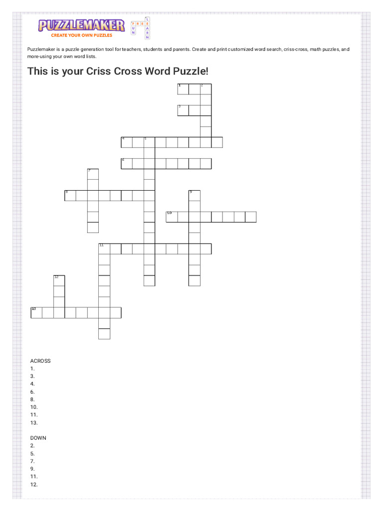 ACriss Cross Puzzle - Discovery Education Puzzlemaker | PDF