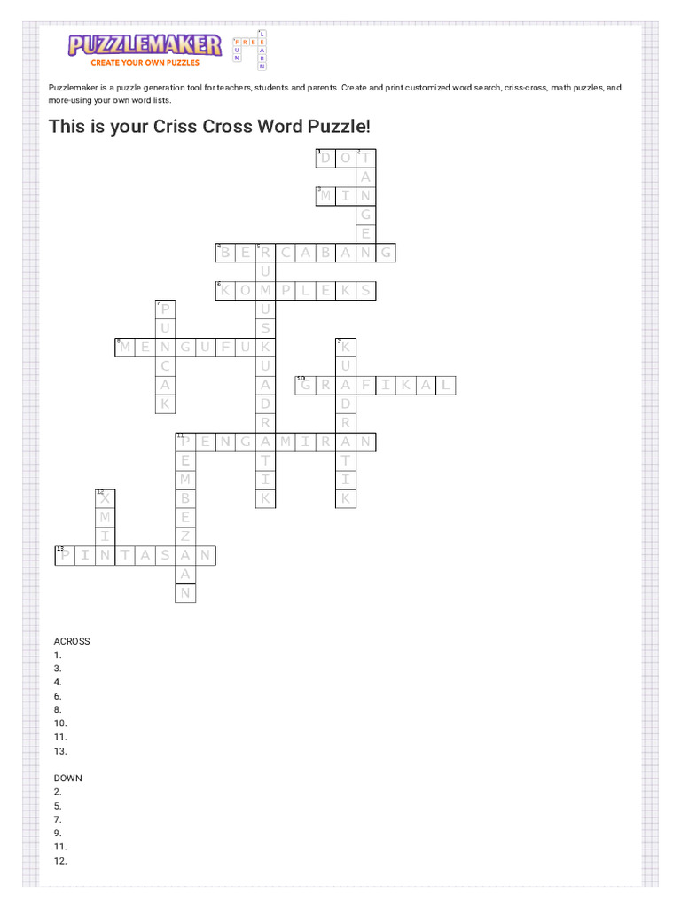 Criss Cross Puzzle - Discovery Education Puzzlemaker | PDF
