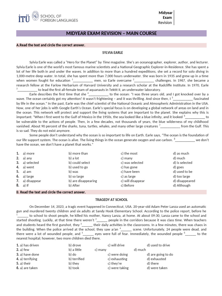 2024-2025 Fall P2 Midyear Exam Revision Main Course Cloze Tests | PDF ...
