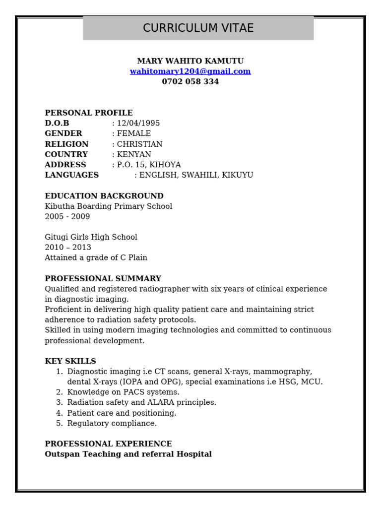 Mary Wahito Kamutu CV Resume | PDF | Medical Imaging | Radiology