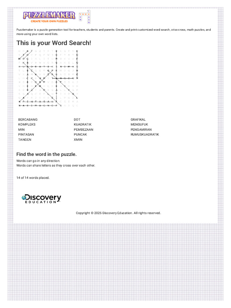 Word Search Puzzle - Discovery Education Puzzlemaker | PDF