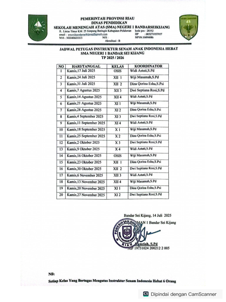 Jadwal Senam Semester 1 2025 | PDF