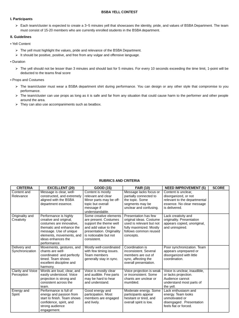 Yell Contest Judging Criteria and Rubrics | PDF | Human Communication ...