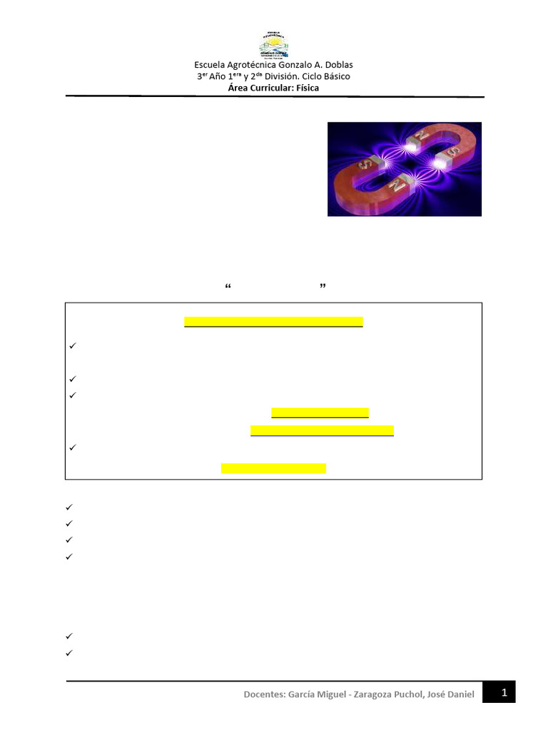 700055800_AgrotécnicaGonzaloDoblas_3°año_Física_tec_guía9 | PDF | Imán | Magnetismo