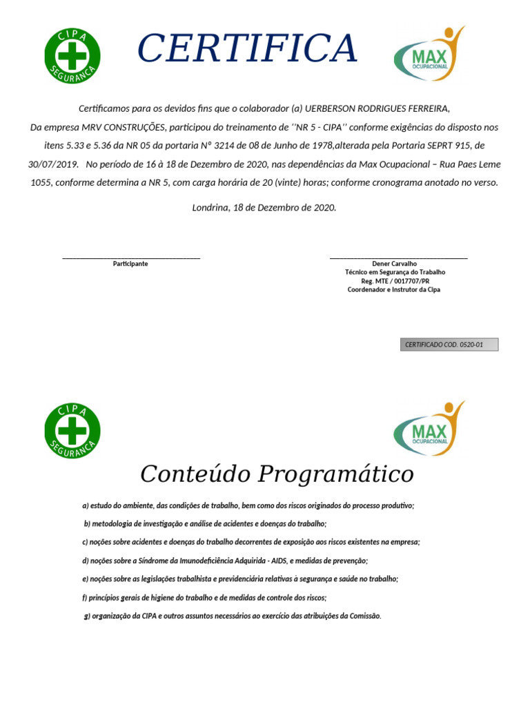 Certificado de Treinamento CIPA | PDF
