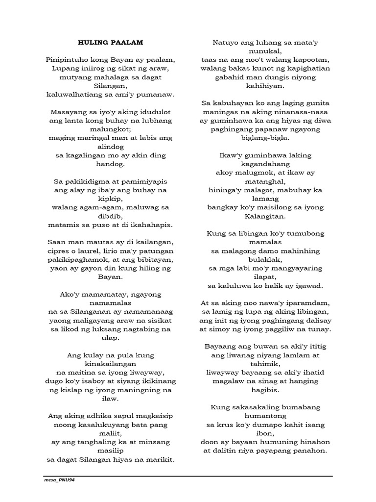 Mi Ultimo Adios Tagalog Version | PDF