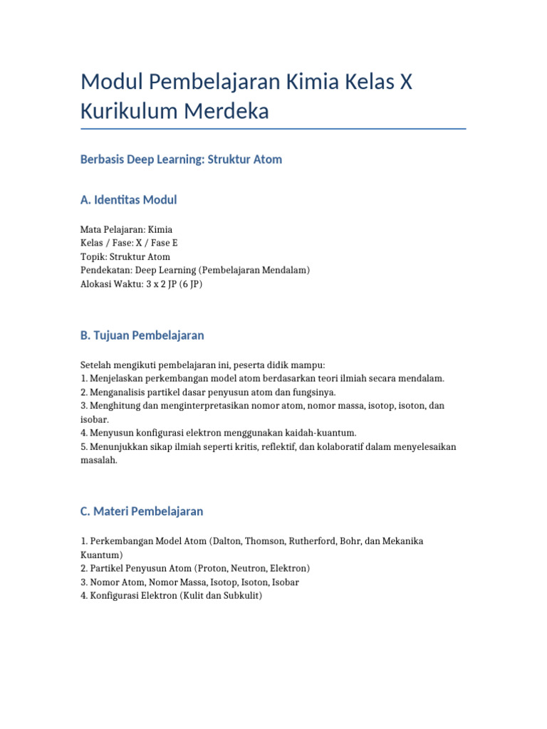 Modul Deep Learning Struktur Atom Kelas 10 | PDF