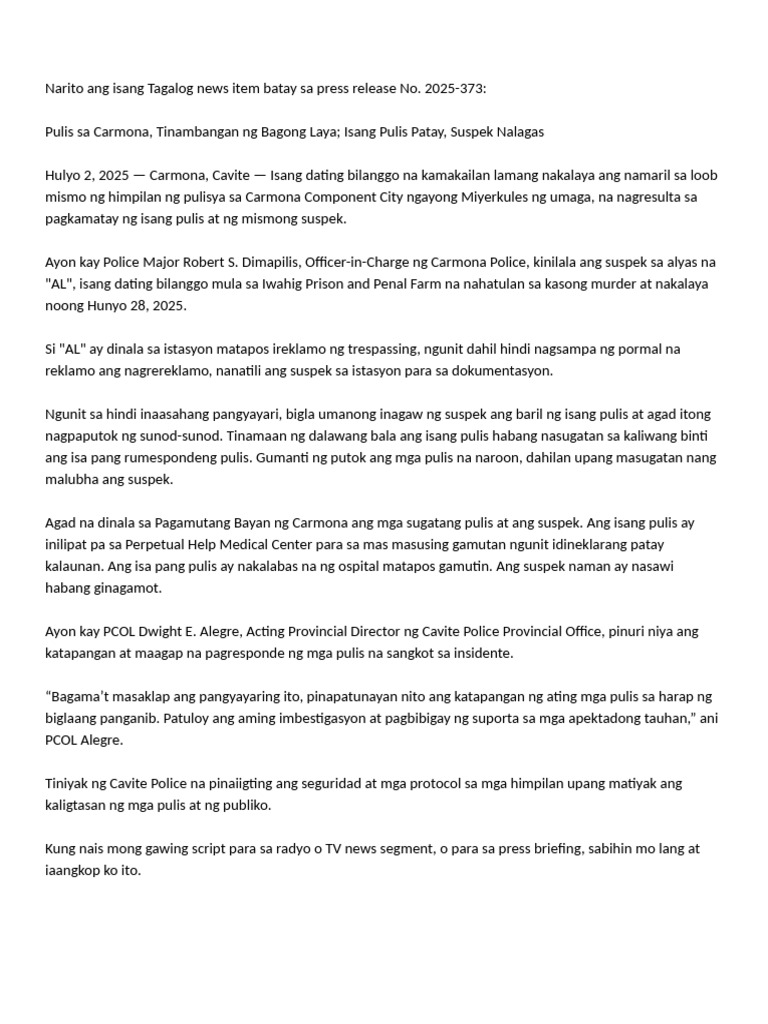Narito Ang Isang Tagalog News Item Batay Sa Press Release No | PDF