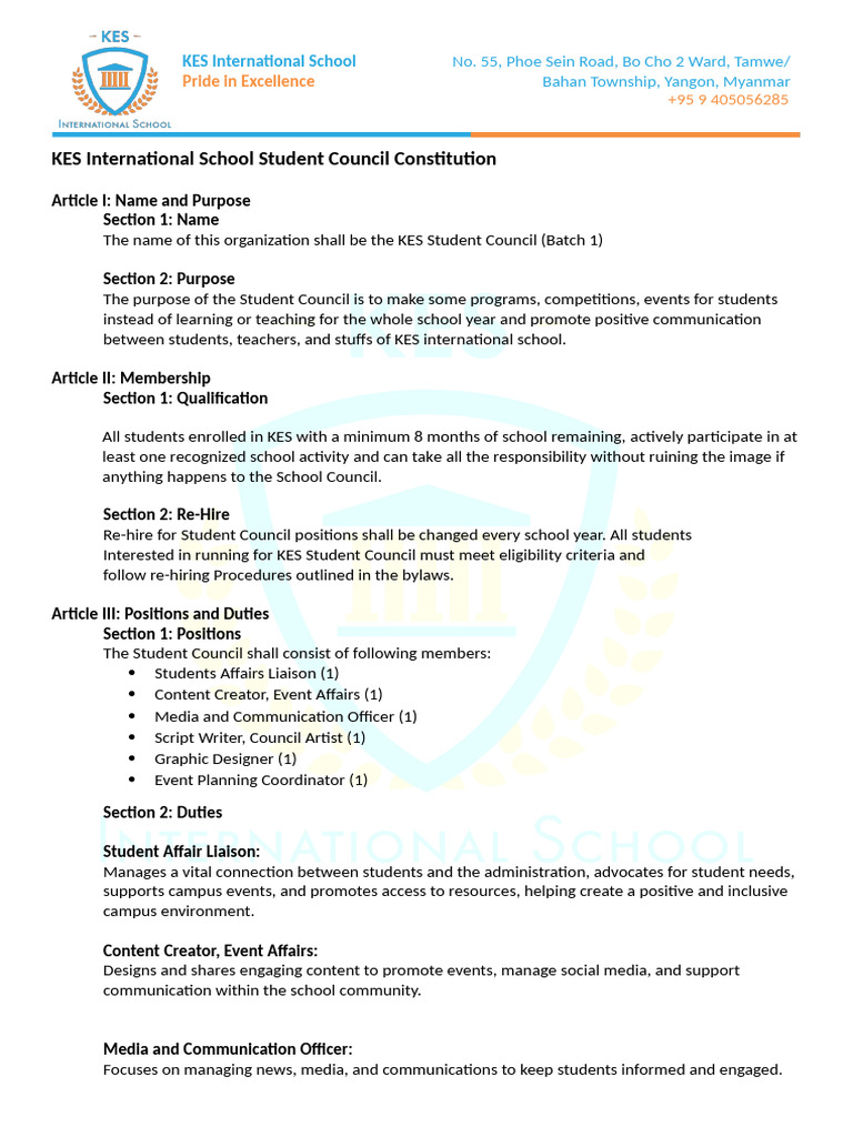 KES Internaltional School Student Council Constitution | PDF | Legal ...