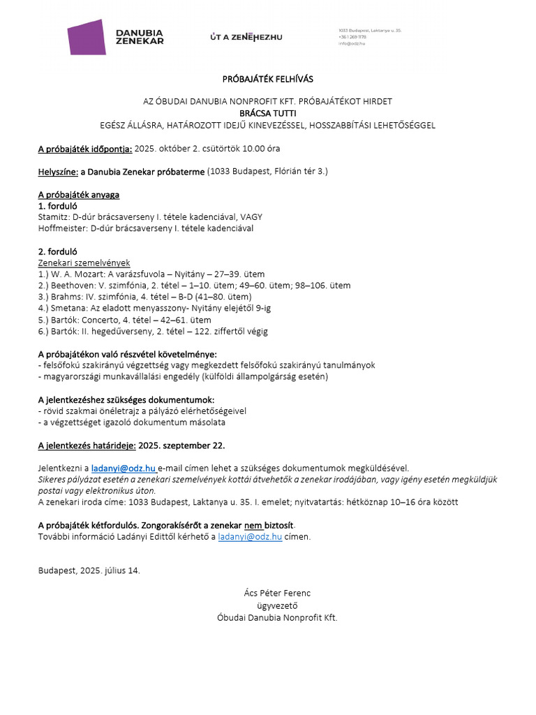 FELHÍVÁS - Brácsa Tutti - Próbajáték - Danubia - 2025 | PDF