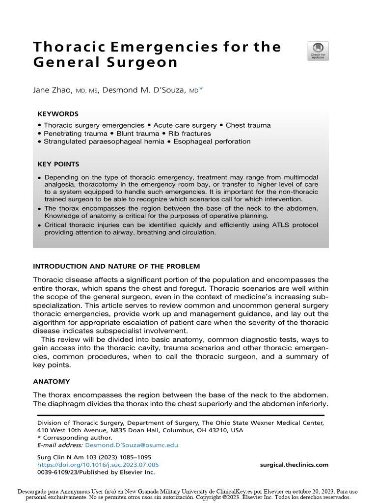 Thoracic Surgery Emergencies Overview | PDF | Thorax | Esophagus