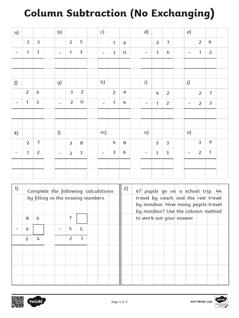 T N 7500a 2 Digit Column Subtraction Activities Editable Version Ver 3 ...