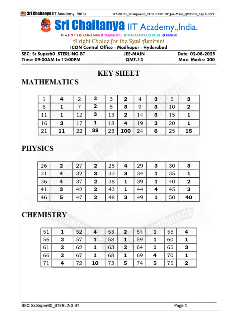 02-08-25 SR - Super60 Sterling BT Jee-Main Qmt-13 Key & Sol's | PDF | Standard Deviation | Chemistry