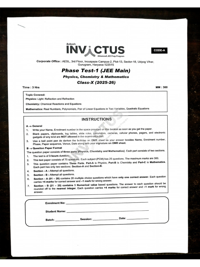 Class - 10-Aakash Invictus - Jee Mains-Phase Test QP | PDF