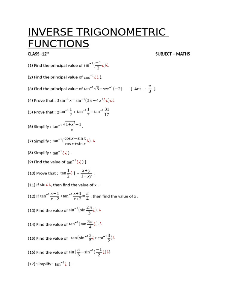 Inverse Trigonometric Functions Class 12th | PDF | Trigonometric ...