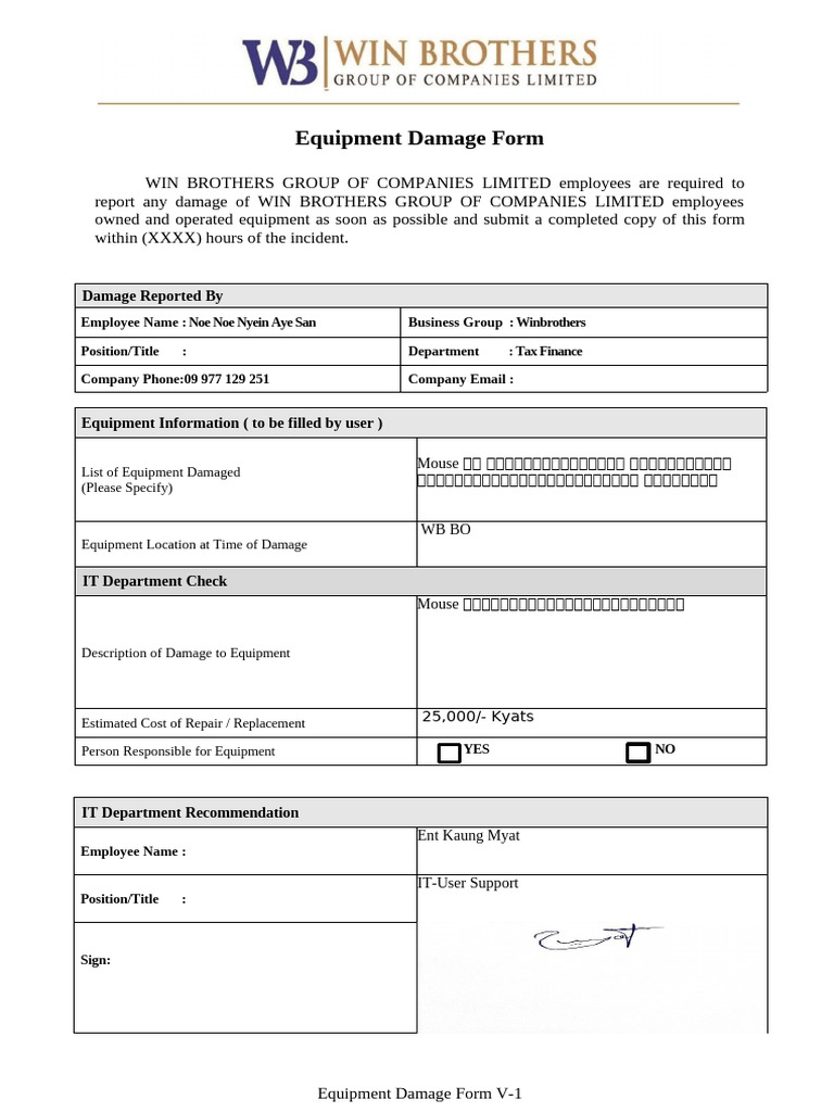 WB Equipment Damage Form NO NO | PDF
