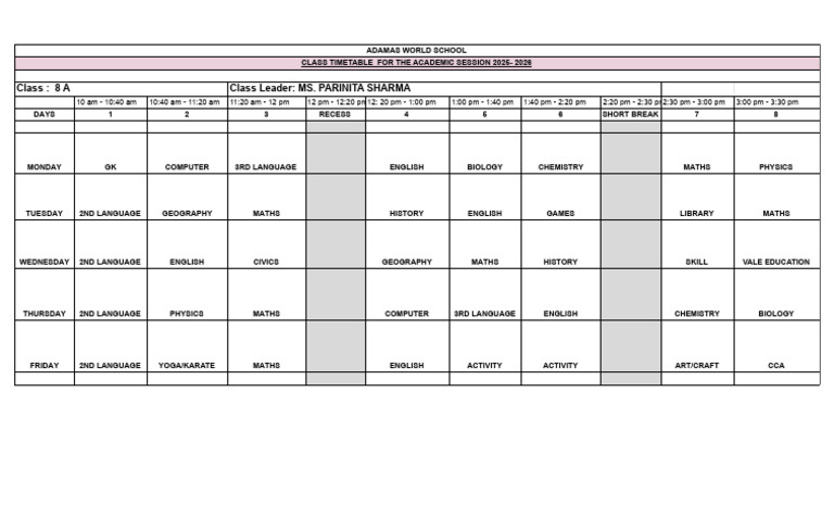 Class 8 Timetable 2025-2026 | PDF