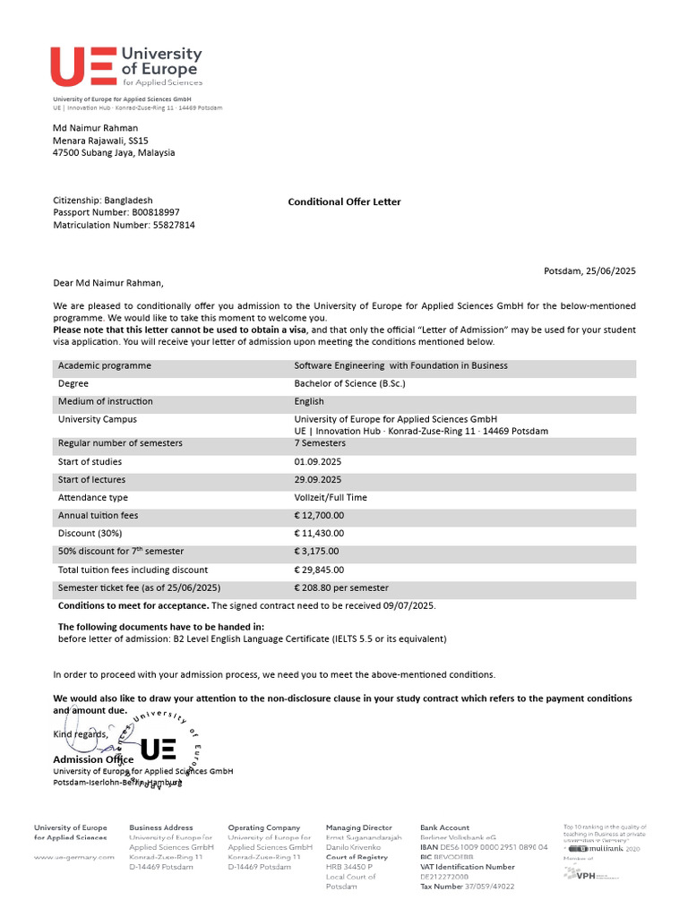 Naimur - Conditional Offer Letter - BSC With Foundation | PDF