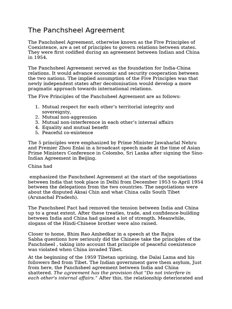 Panchsheel Agreement: Principles & Impact | PDF | Politics Of China ...