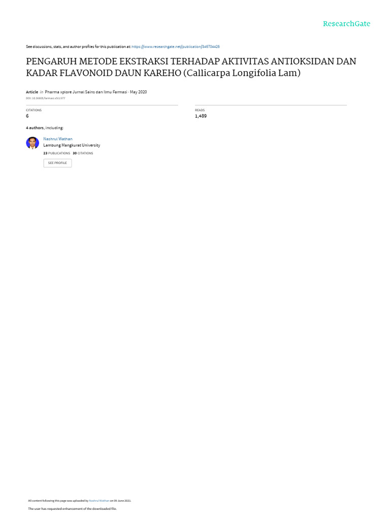 Ekstraksi Daun Kareho dan Aktivitas Antioksidan | PDF