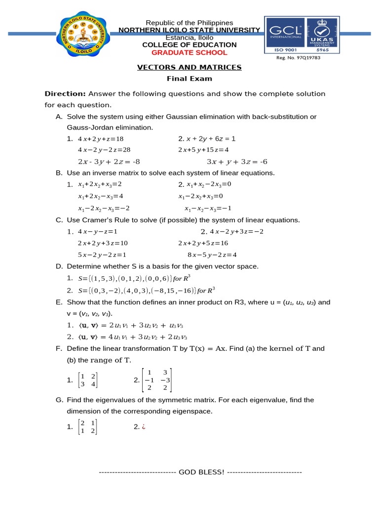 Vectors and Matrices Final Exam | PDF