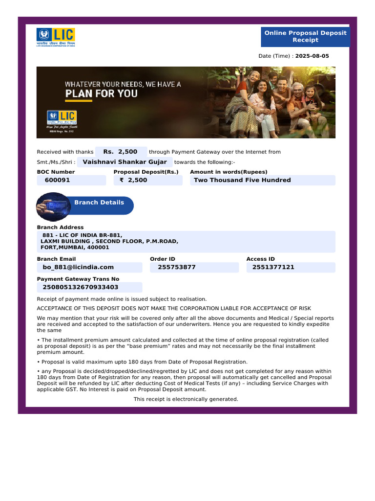 Lic Proposal Deposit Receipt | PDF