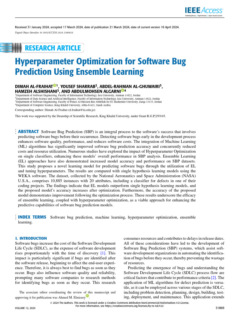 Hyperparameter Optimization For Software Bug Prediction Using Ensemble Learning | PDF ...