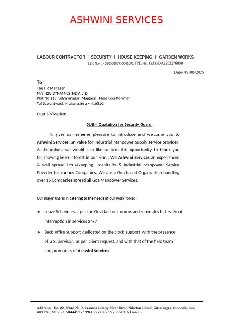 Security Guard Quotation (Sawantwadi) | PDF