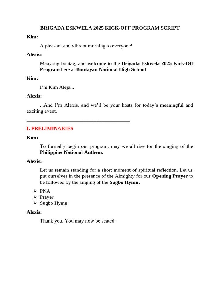 Brigada Eskwela 2025 Kick Script | PDF