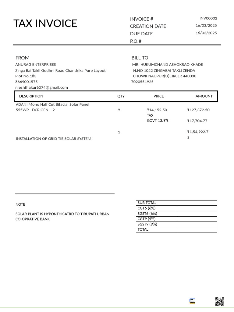 Tax Invoice for Solar Panel Installation | PDF