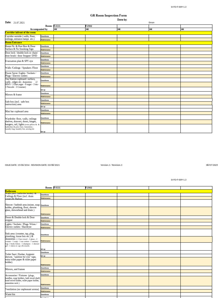 9 - Room Inspection Form | PDF | Shower | Toilet