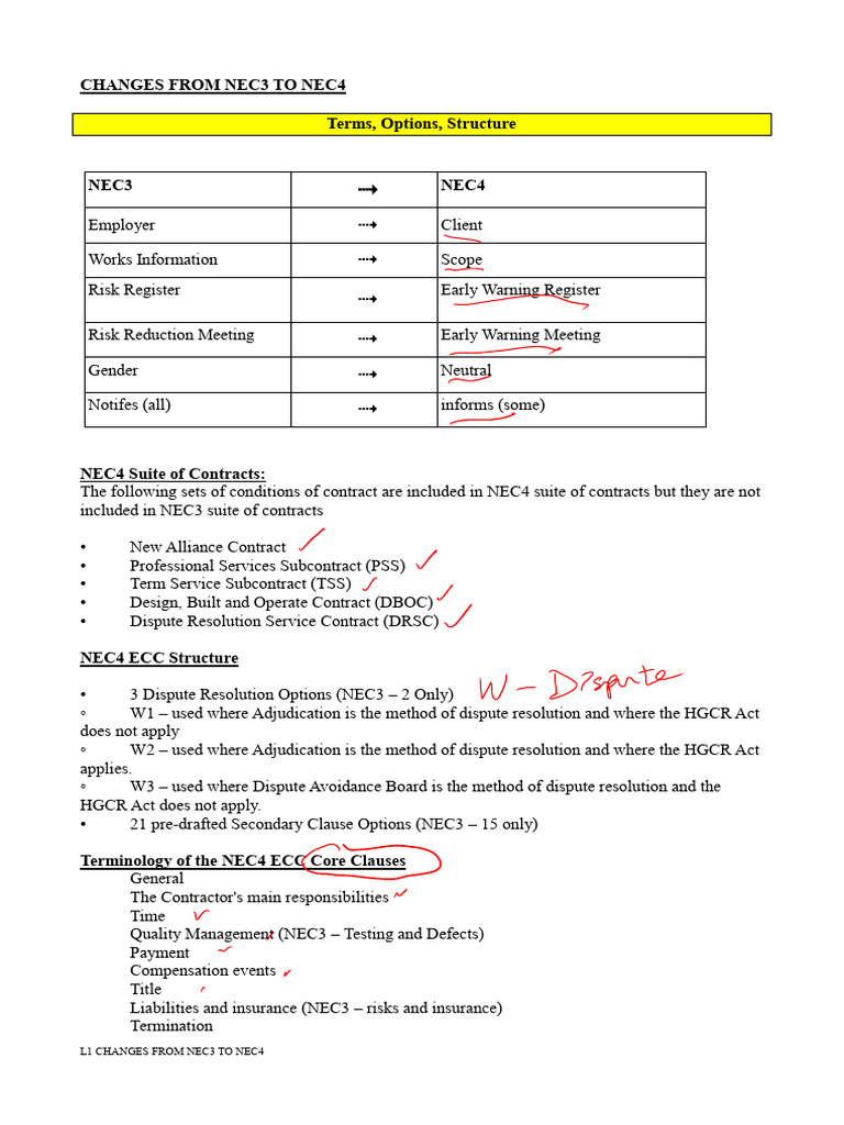 Lecture 1 - Changes From Nec3 To Nec4 | PDF | Subcontractor | Private Law