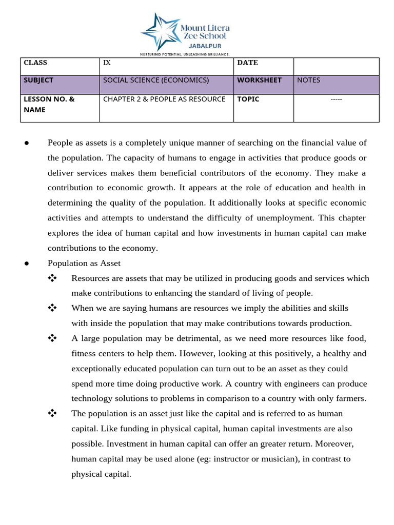 Class IX Economics Notes Chapter 2 | PDF | Human Capital | Capital ...