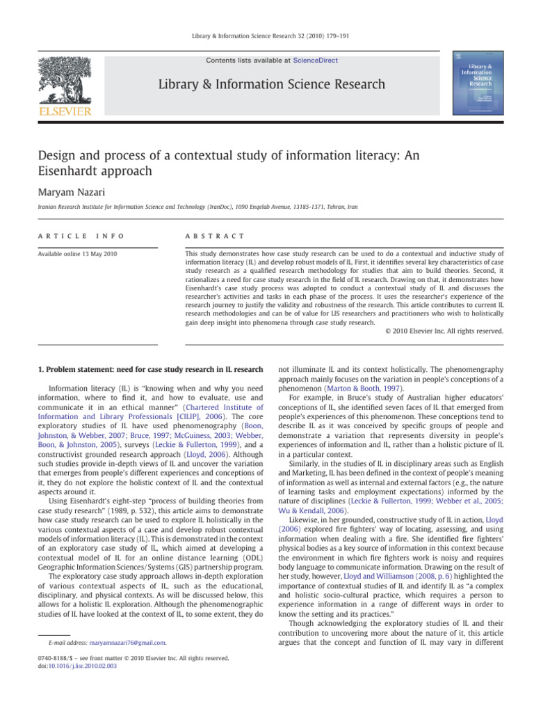 Design and Process of A Contextual Study of Information Literacy-Nazari2010 | PDF | Geographic ...