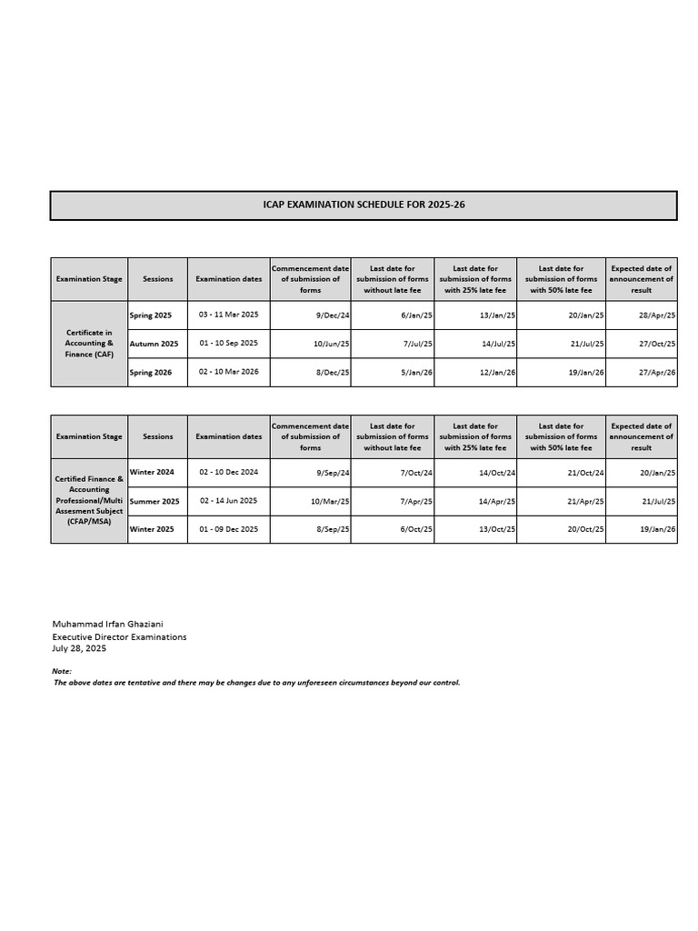 ICAP Exam Schedule 2025-2026 | PDF