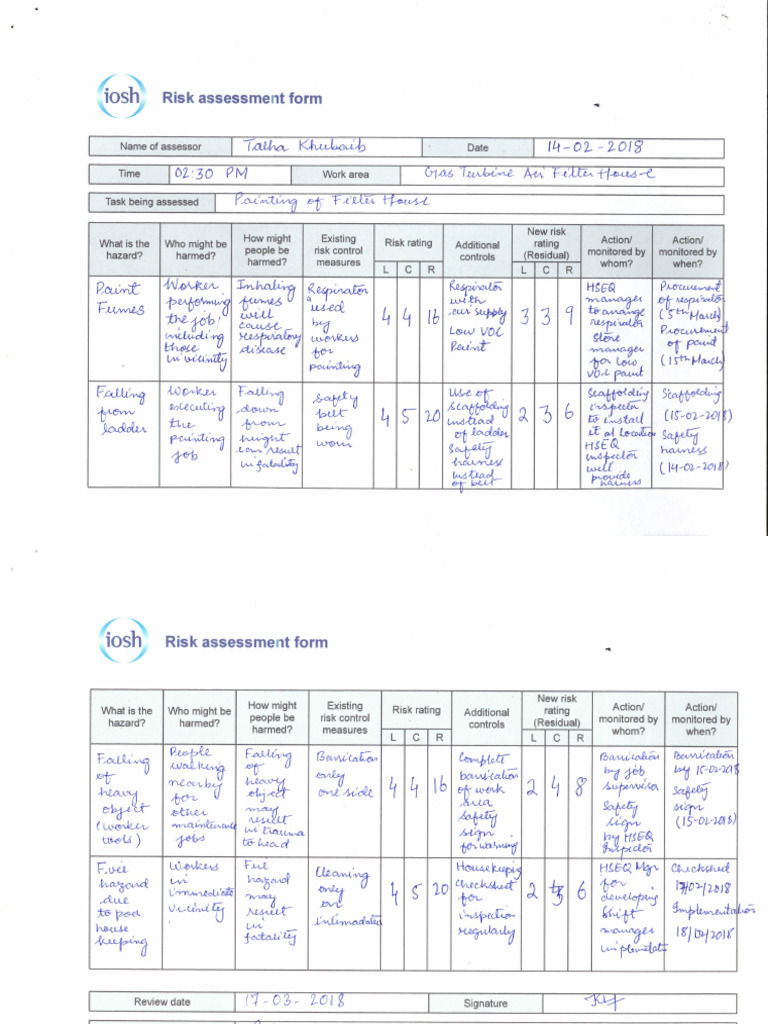 Sample Risk Assessment For IOSH | PDF