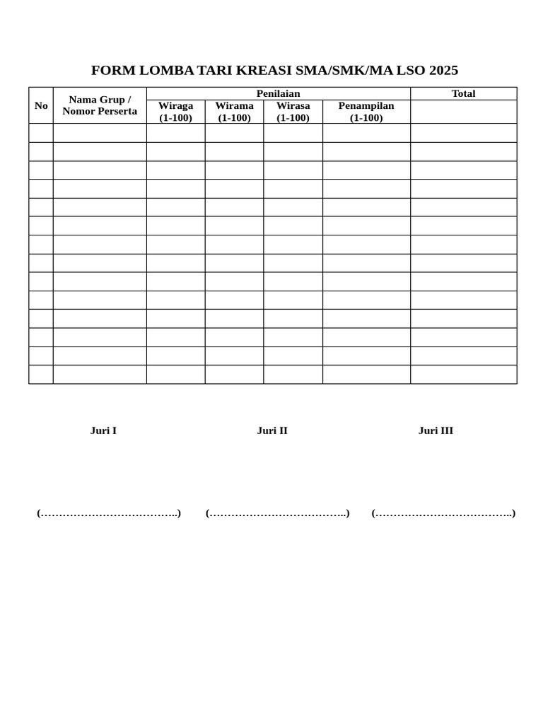 Form Lomba Tari Kreasi Smpsmkma Lso 2025 | PDF