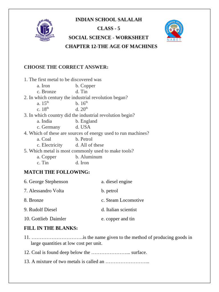 Class 5 Worksheet: Age of Machines | PDF