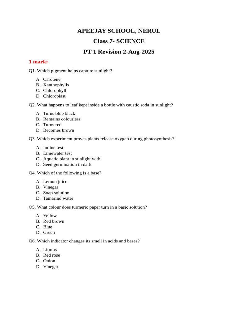 Class 7 Science Revision 2 | PDF | Plants | Photosynthesis