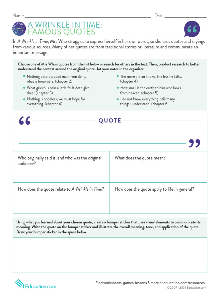 Novel Study A Wrinkle in Time Famous Quotes | PDF