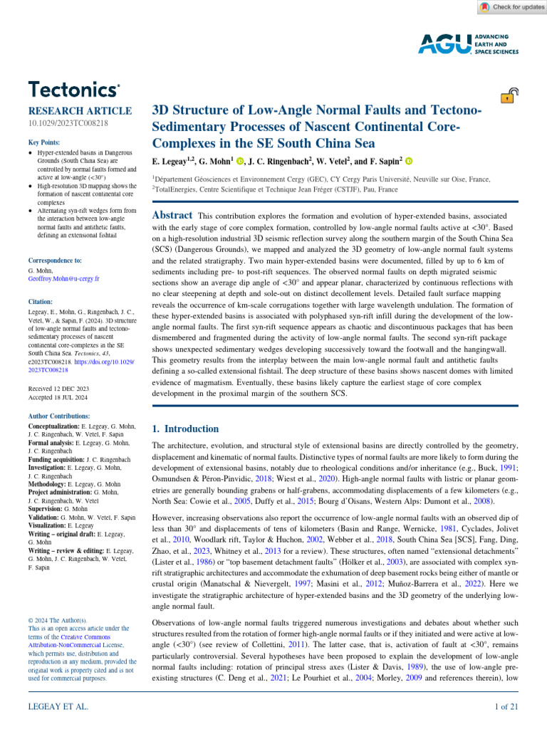 Tectonics - 2024 - Legeay - 3D Structure of Low‐Angle Normal Faults and ...