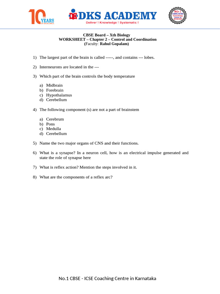 Worksheet 1 - Control and Coordination | PDF