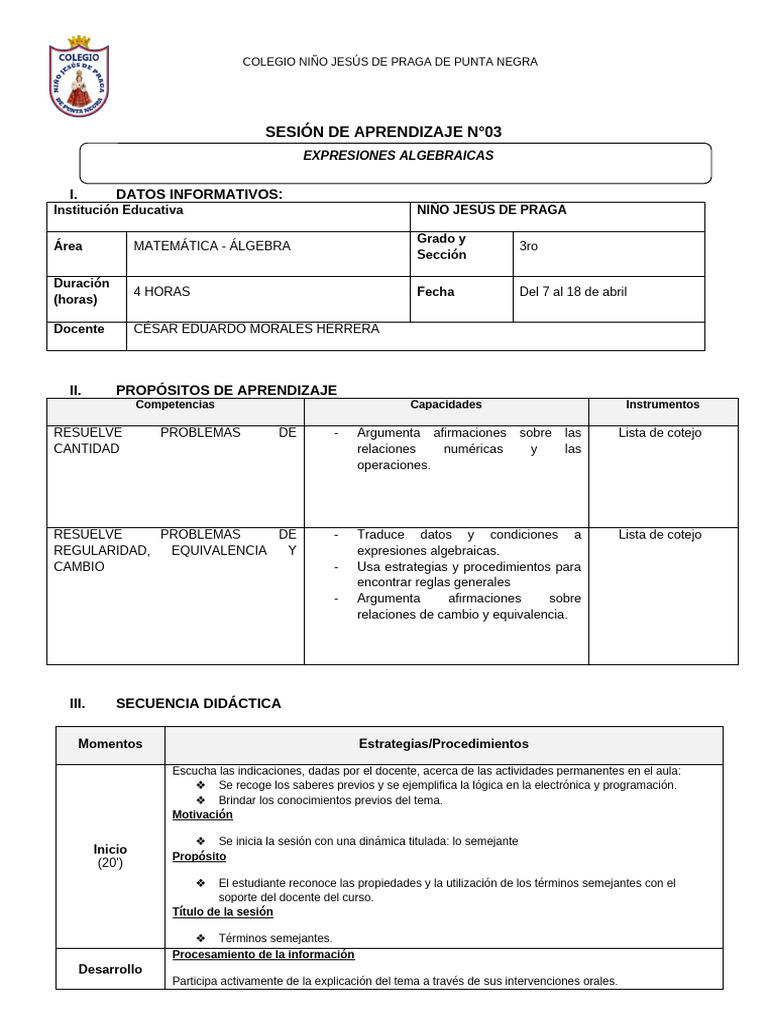 3 SES-ÁLG-3SEC-EXPRESIONES ALGEBRAICAS | PDF | Maestros | Aprendizaje