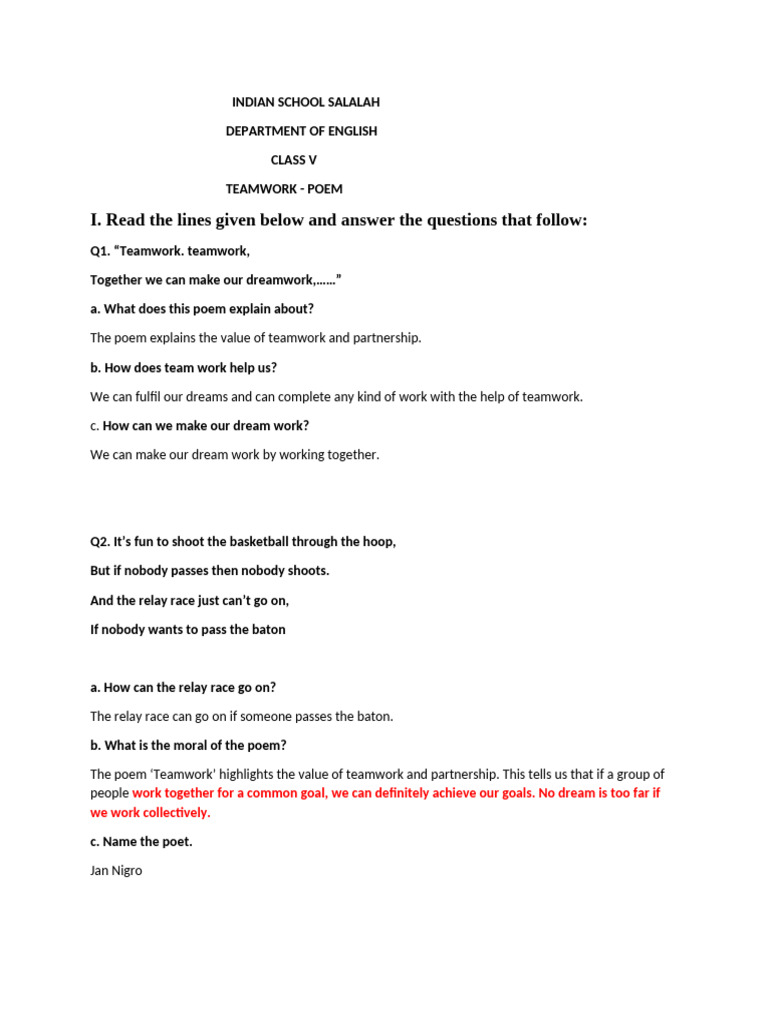 Teamwork Poem Lesson Plan for Kids | PDF