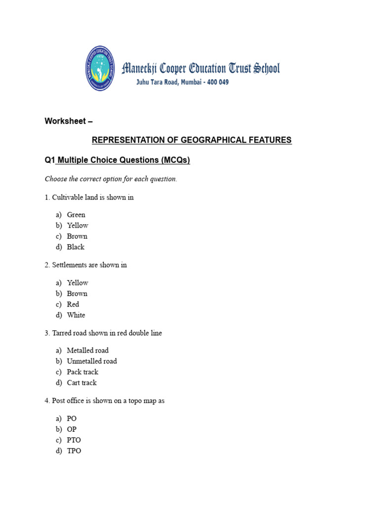 STD 7 CH 1 Representation of Geographical Features - Worksheet 1 | PDF