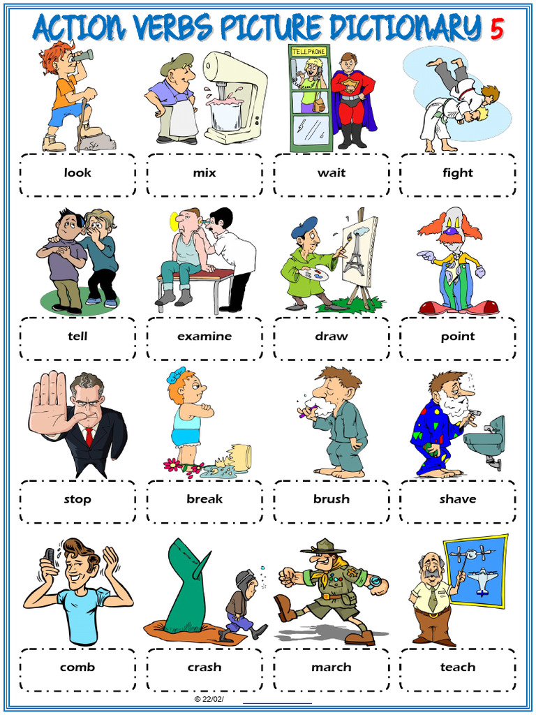 Action Verbs Vocabulary Esl Picture Dictionary Worksheets For Kids-5 | PDF