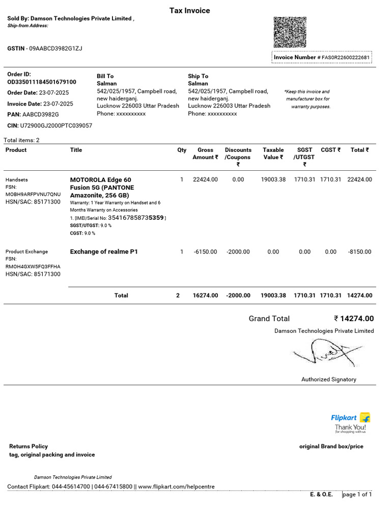 Invoice for Motorola Edge 60 Purchase | PDF